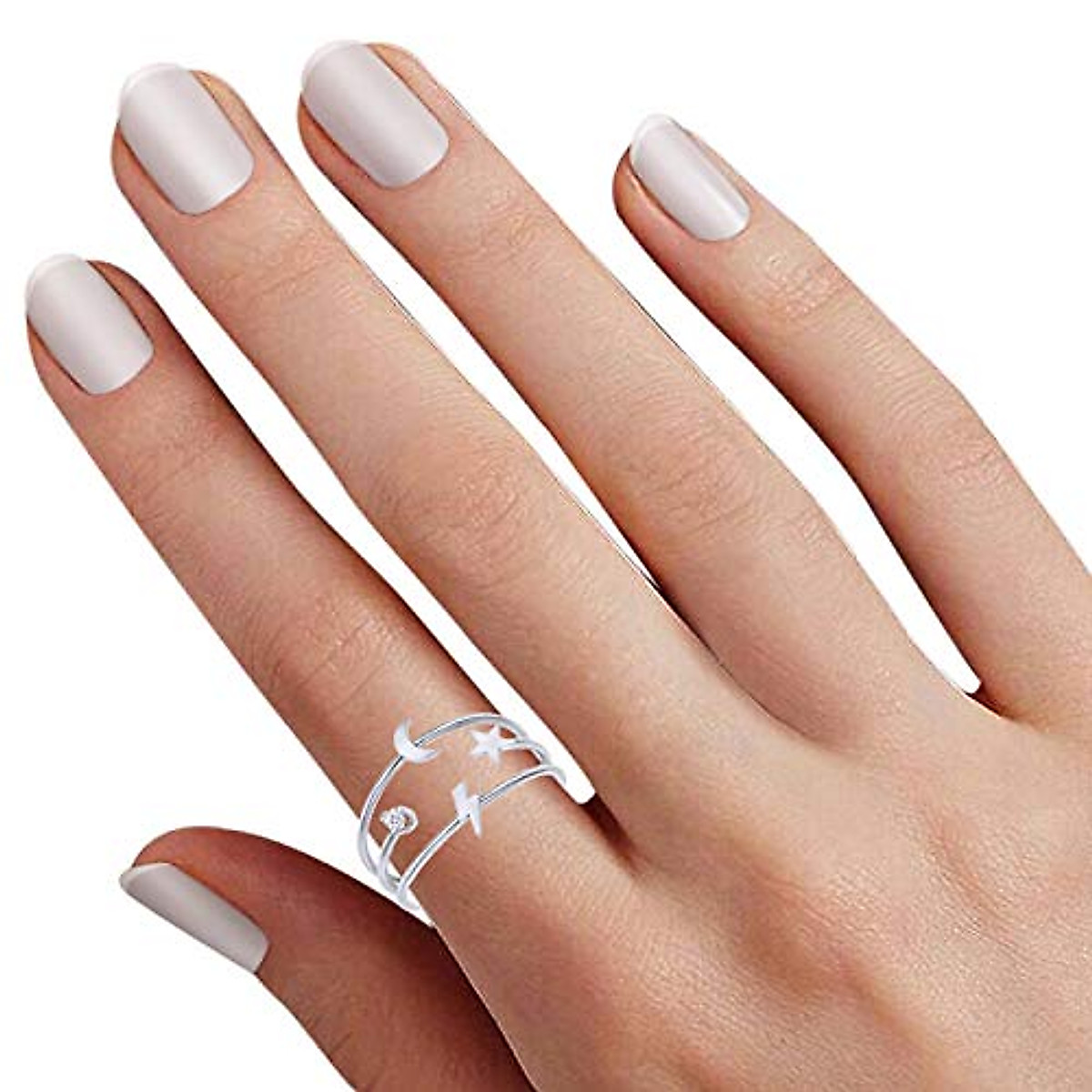 Samaira Jewelry Natural Diamond Accent Dainty Lightning Bolt, Moon & Star Three-Band Ring in 14k White Gold Plated 925 Sterling Silver Ring (0.04 Cttw, I-J Color, I2-I3 Clarity) Size-6
