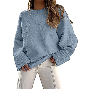 ANRABESS Women's Oversized Crewneck Long Sleeve Fuzzy Knit Casual Chunky Warm 2025 Fall Pullover Sweaters Top Trendy Outfits Grey Blue Large