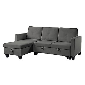 RITSU Reversible Velvet Sleeper Sectional Sofa with Storage Chaise and Side Pocket, L-Shape Corner Couch with Arms for Living Room, Home Furniture, Apartment, Dorm, Dark Gray 3