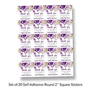 Personalized Purple & Lavender Floral Baby Shower Favor Stickers | Set of 20 Square Baby Shower Thank You Labels (FL138)