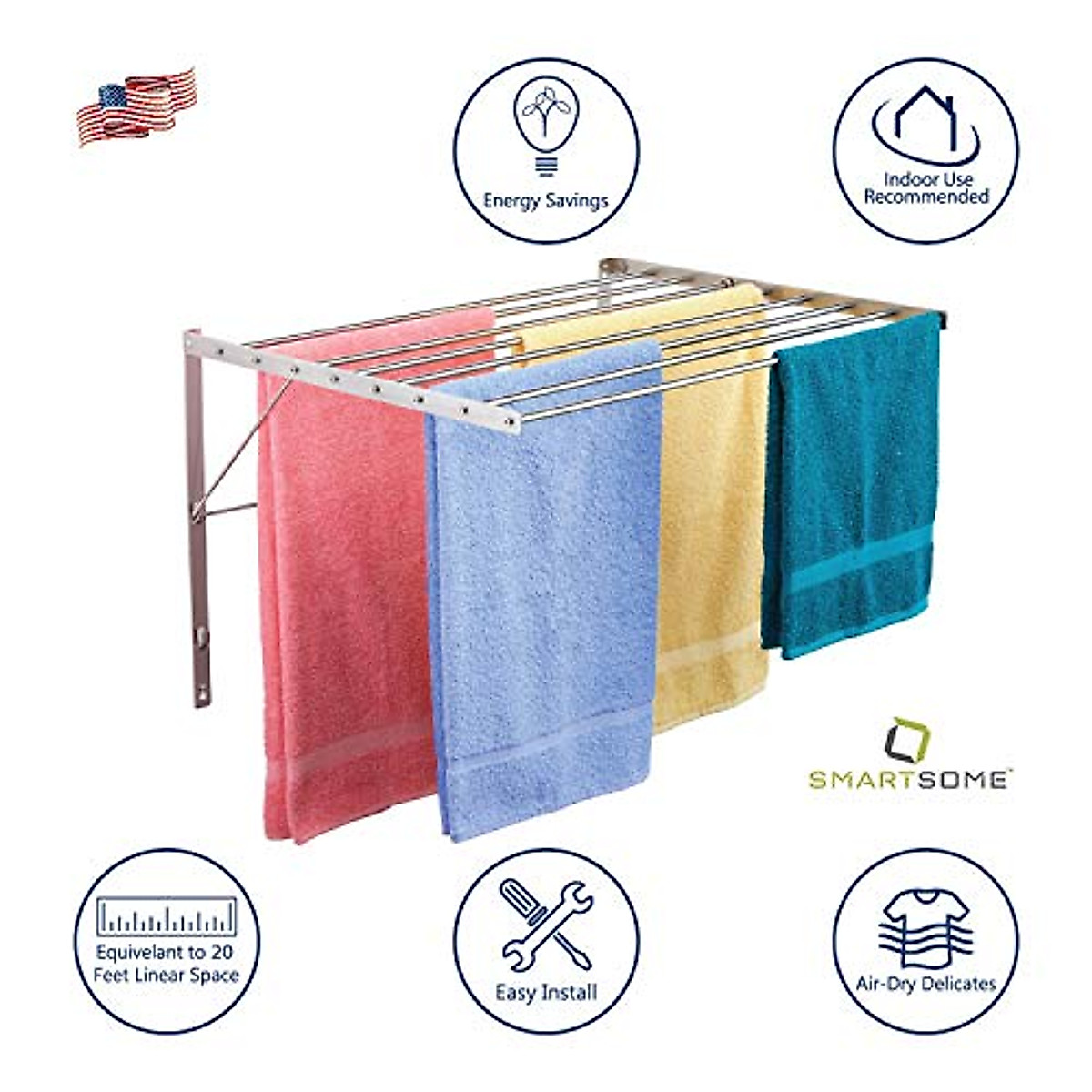 Smartsome | Wall Mounted | Clothes Drying Rack | 30" Wide | 20 Linear Feet Capacity | 8 Smooth Round Stainless Steel Rods | 60 lb Capacity | Fully Assembled | Compact Sturdy Space-Saving Design