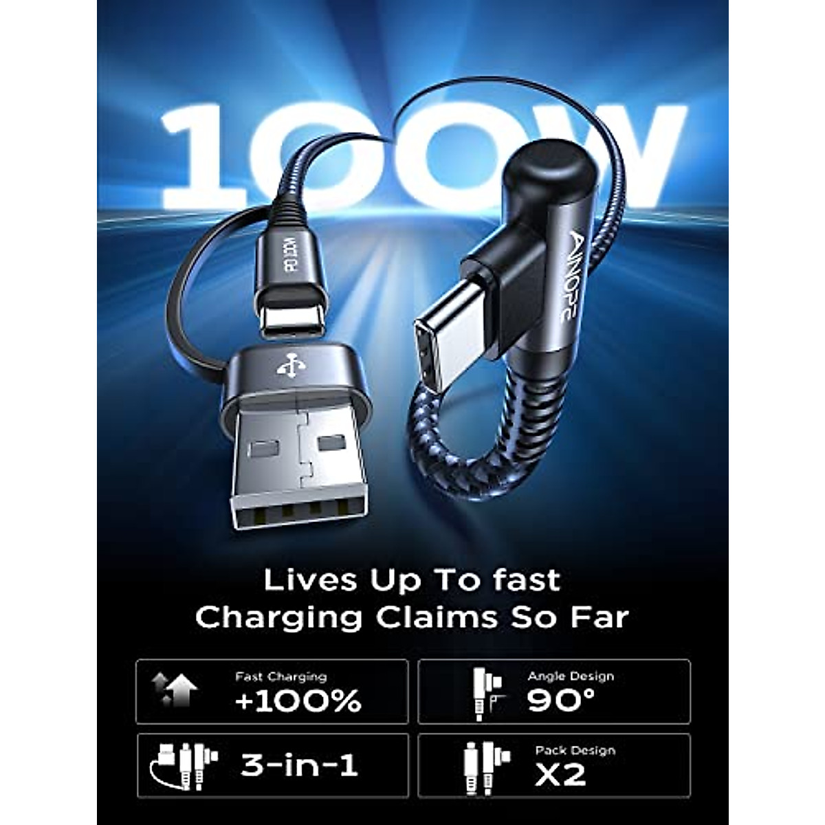 AINOPE 100W USB C to USB C Cable 2-Pack 6.6ft Type C Charger Fast Charging Cable USBC to USBC Cable Right Angle PD4.0 QC5.0 fit for MacBook Pro/Air iPad Pro/Air Samsung Galaxy