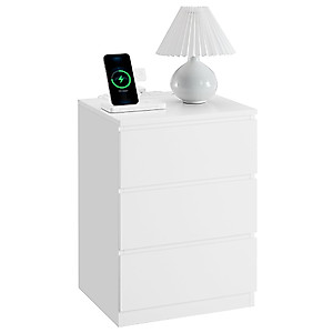 VASAGLE Nightstand with Charging Station, 2 AC Outlets and 2 USB Ports, Bedside Table, Side Table with 3 Drawers, Modern Style, 13.8 x 15.7 x 23.2 Inches, Cloud White ULET631W16