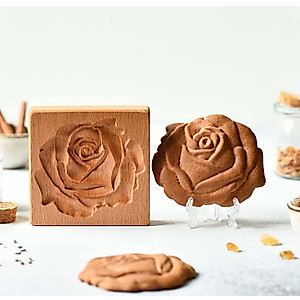 Wooden Cookie Cutter Embossing Mold, 3D Carved Wooden Cookie Mold, Biscuit Press Stamp Molds for Baking Moulds Christmas Thanksgiving Halloween Easter Kitchen DIY (Red roses)