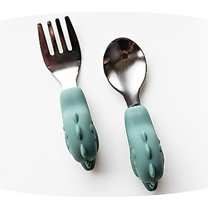 Tiny Twinkle Easy Grip Toddler Utensils Spoon and Fork Set - BPA & Phthalate Free Utensil Sets, Kids Silverware With Silicone Handle, Baby Led Weaning Supplies for 12 Months & Up (Olive Dinosaur)