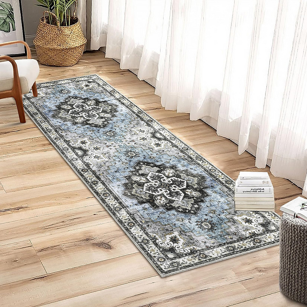 COZYLOOM Area Rug 2x6 Washable Hallway Runner Rug Non-Slip Entryway Laundry Rug Runner Non Shedding Floor Carpet Vintage Rugs for Hallway Bedroom Kitchen Bathroom, Blue/Grey