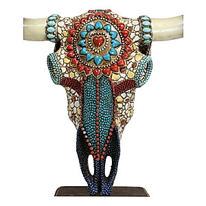 Ebros Gift 17" High Large Western Steer Bison Buffalo Bull Cow Skull Head with Mosaic Turquoise Red Yellow Blue Stones and Beads Ornate Floral Design Desktop Sculpture Native Indian Sacred Skulls