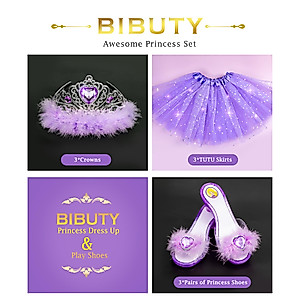Princess Dress Up Shoes Princess Dresses for Girls, BIBUTY Dress Up Clothes Pretend Play Costumes-3 Sets of Princess Shoes, Dresses and Crowns, Princess Accessory Toys for 3-6 yr Girl Birthday Gifts