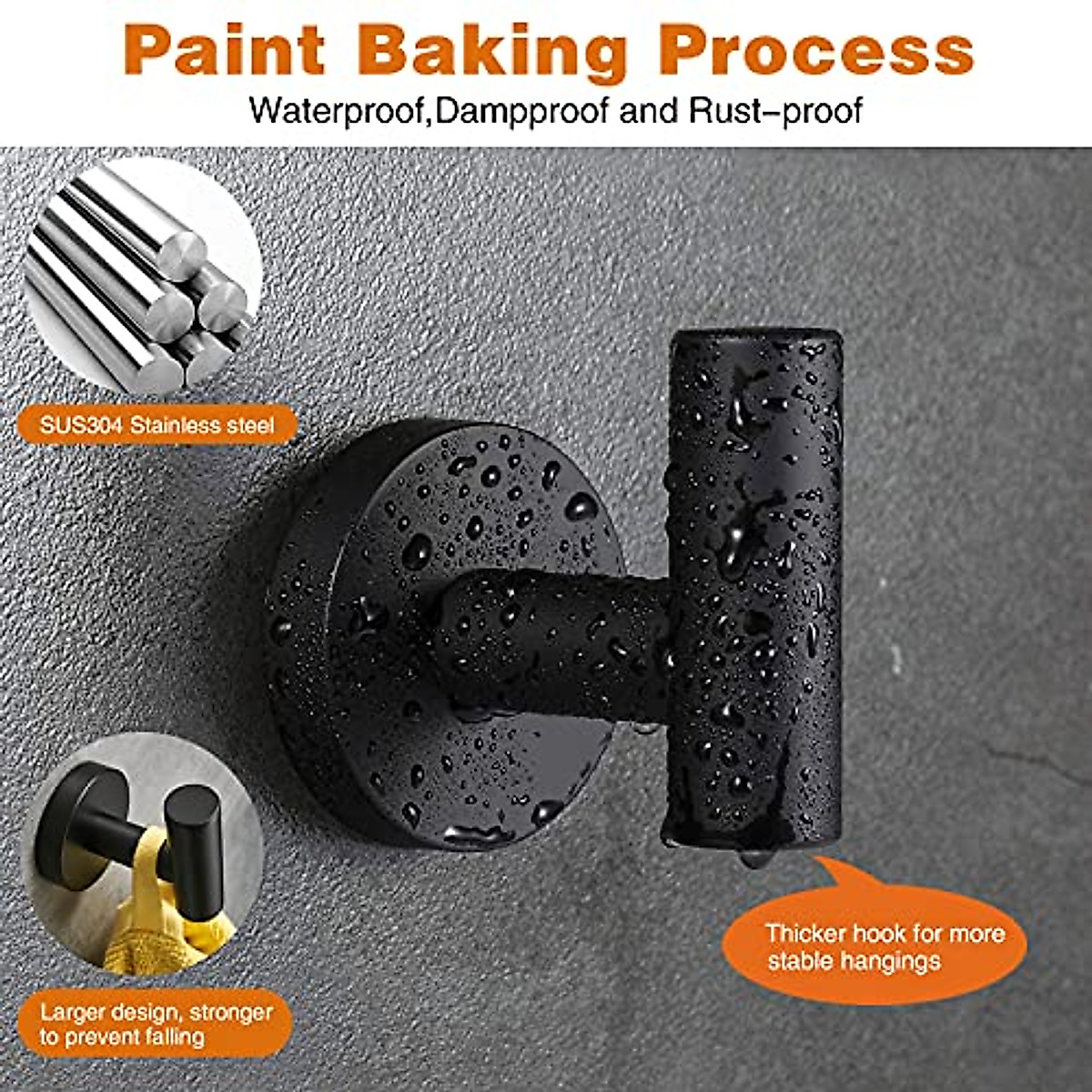 Towel Hooks, 2 Pack Matte Black SUS304 Stainless Steel Wall Mounted Coat Robe Clothes Hooks, Heavy Duty Robe Shower Towel Hanger for Bathroom Kitchen Living Room Bedroom Office