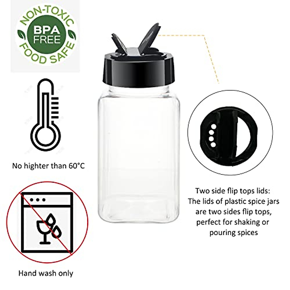 BPFY 24 Pack 4oz Clear Plastic Spice Jars With Black Plastic Lids, Square Spice Bottles, Plastic Seasoning Containers with Chalk Labels, Pen, Funnel, Spice Containers For Kitchen Cabinet