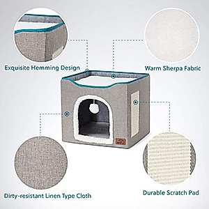 Bedsure Cat Beds for Indoor - Large Cat Cave for Pet House with Fluffy Ball Hanging and Scratch Pad, Foldable Hideaway,16.5x16.5x14 inches, Grey