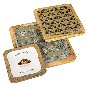 Creative Co-Op Enameled Wood Moths and Florals, Set of 3 Sizes, Multicolor Tray, Multi