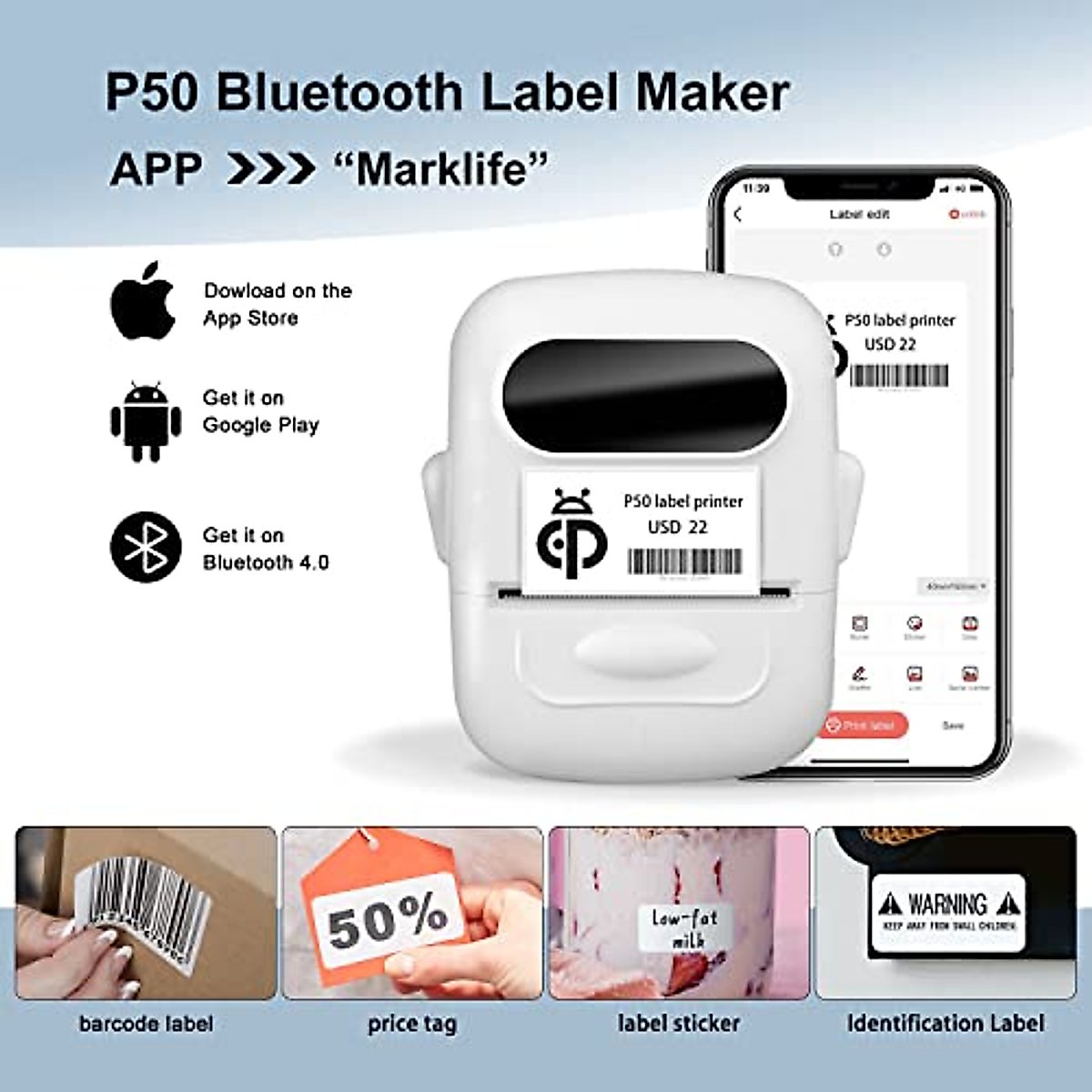 hycodest Thermal Label Printer P50 Wireless Bluetooth Portable Printer Label Maker Machine with Tape (50x30 mm, 200 pcs) Compatible with Android & iOS System, White