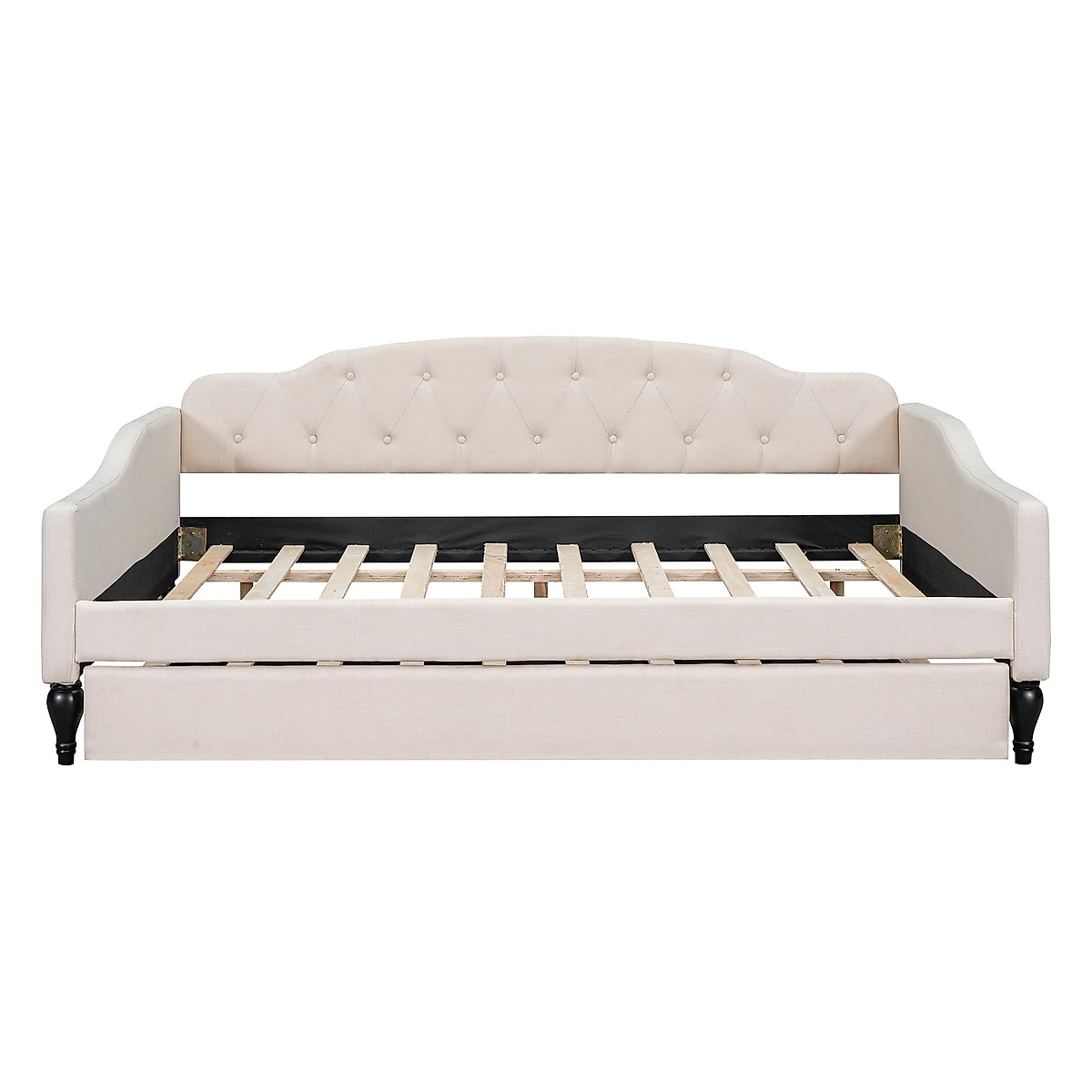 Upholstered Full Daybed with Twin Size Trundle, Full Size Daybed Frame with Button Tufted and Wingback Design, Wooden Full Sofa Bed for Livingroom Bedroom, No Box Spring Needed,Beige