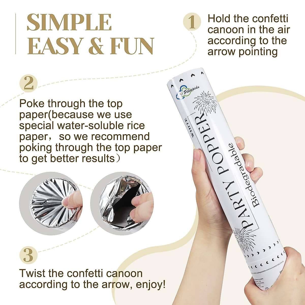 White Confetti Poppers,Rice Paper For Wedding,Biodegradable Confetti Cannon,6Pack Biodegradable Confetti Party Shooters Air Power, Party Party For Lawns Wedding,Birthday,Outdoor Celebrations