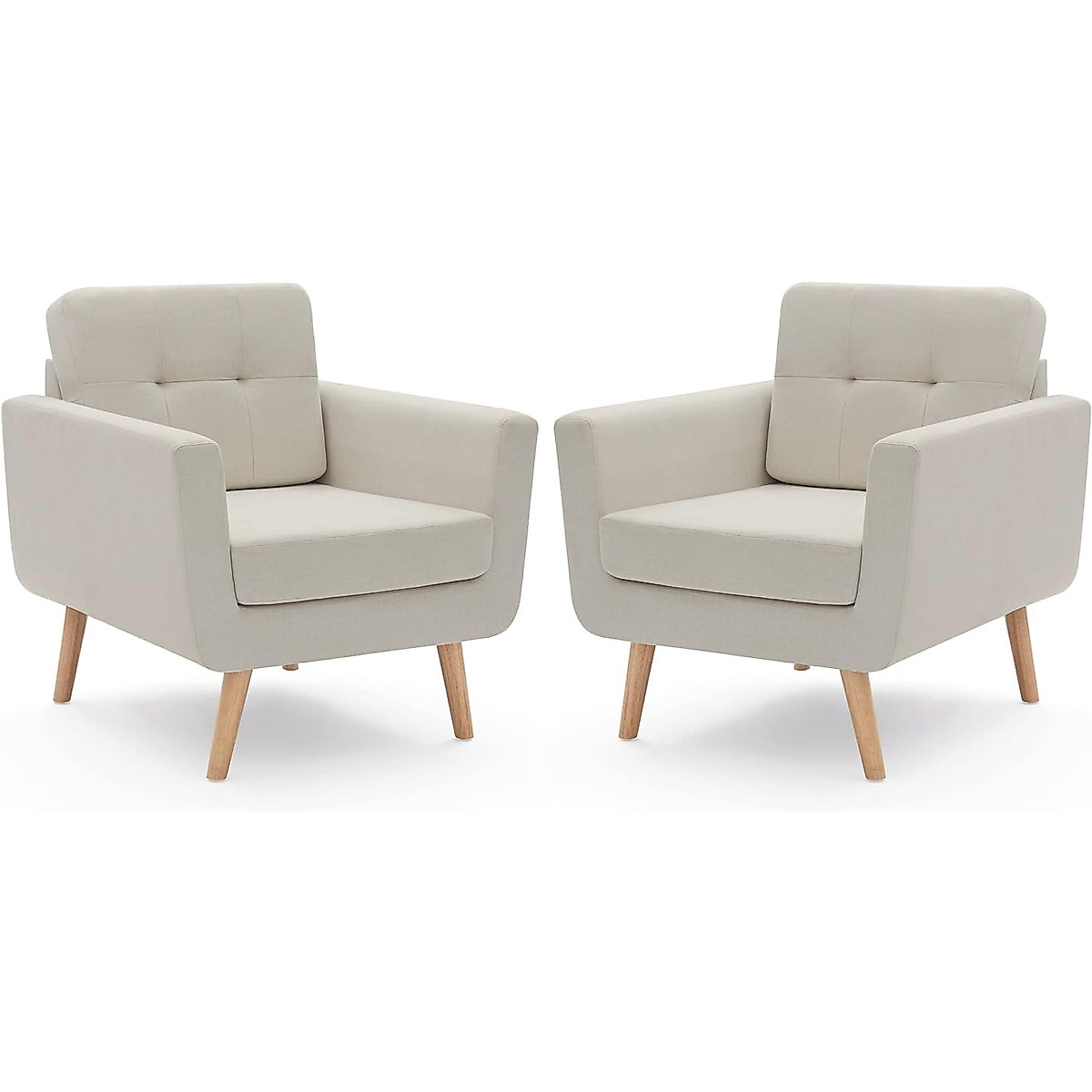Tbfit Linen Fabric Accent Chairs Set of 2, Mid Century Modern Armchair for Living Room, Bedroom Button Tufted Upholstered Comfy Reading Accent Chair Sofa(Light Beige)