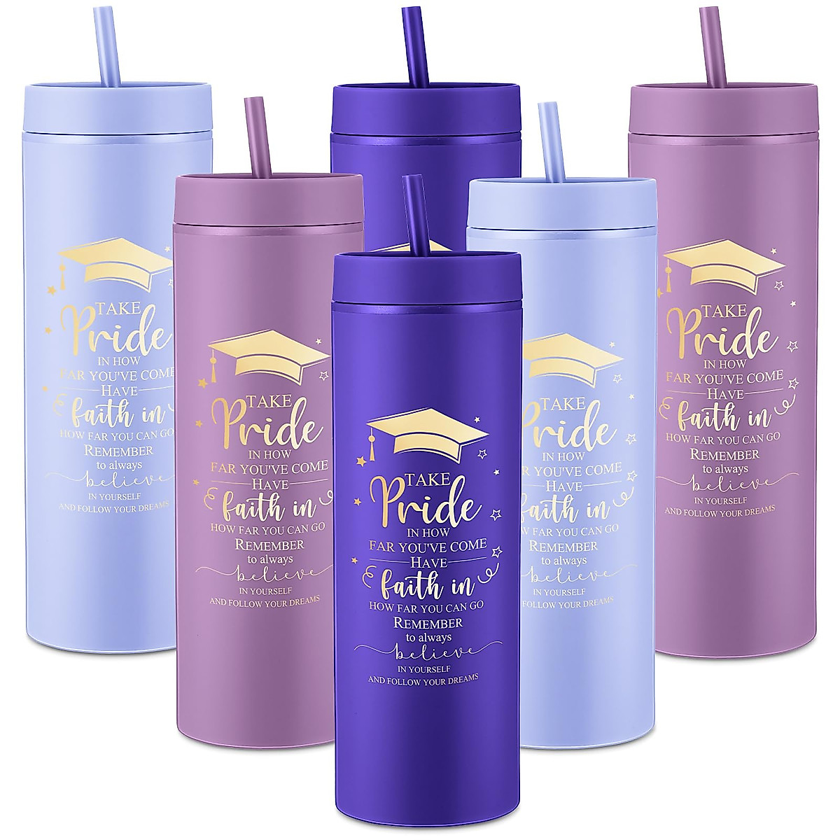 Blushtier 6 Pcs Class of 2025 Graduation Gifts Bulk 16oz Matte Graduation Cups 2025 Inspirational Tumbler with Lid and Straw Plastic Drinking Tumbler for Teen High School Grad Party Favors (Purple)