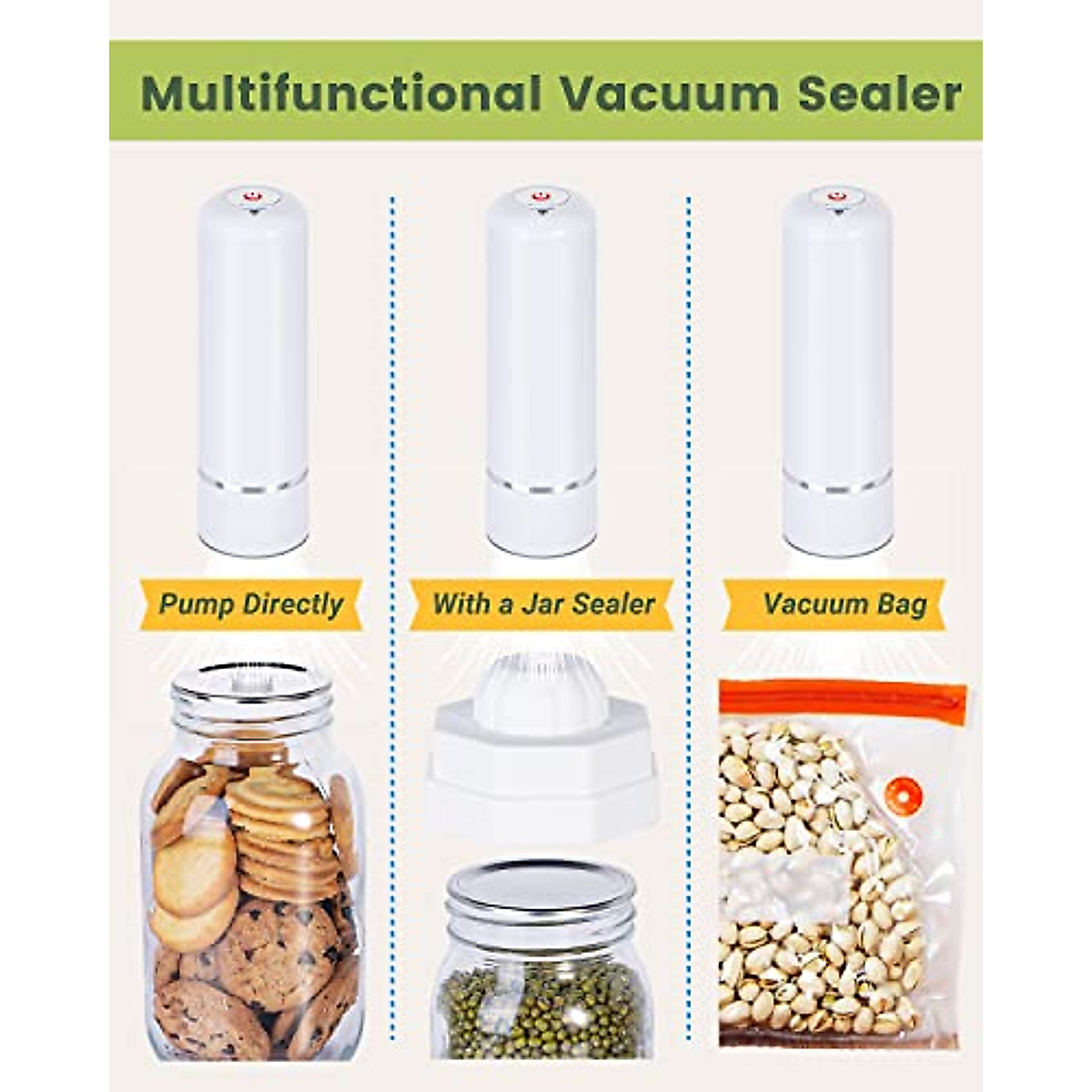 Electric Mason Jar Vacuum Sealer, SEANCHEER Food Saver Jar Sealer Kit for Wide Mouth and Regular Mouth Mason Jars with Electric Vacuum Pump for Food Storage and Fermentation (No Opener Required)