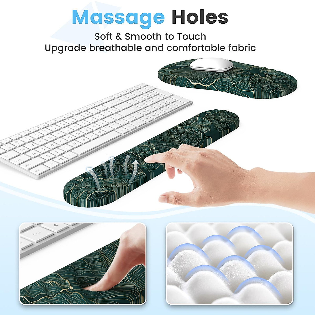 HAOCOO Ergonomic Mouse Pad with Wrist Rest and Keyboard Wrist Rest, 3 PCS Computer Carpal Tunnel Mouse Pads Set for Desk with Coaster, Memory Foam Mousepad Support for Office Laptop, Green Palm Leaves