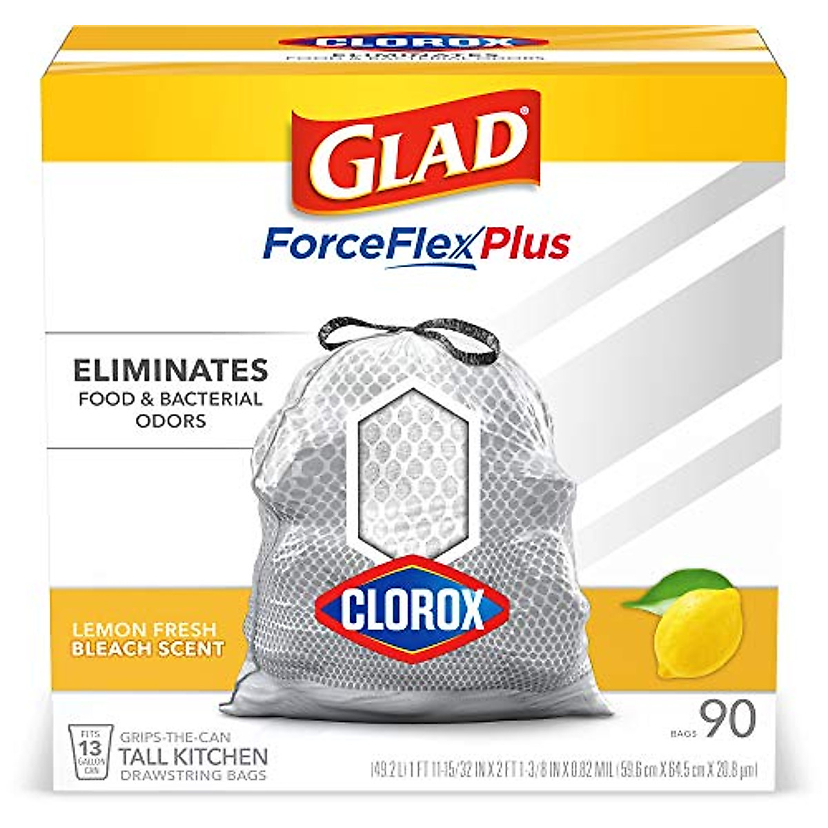 Glad Trash Bags, Tall Kitchen Garbage Bags ForceFlex Plus with Clorox, 13 Gallon, Lemon Fresh Bleach Scent 90 Count (Package May Vary), White-gray, Lemon Fresh