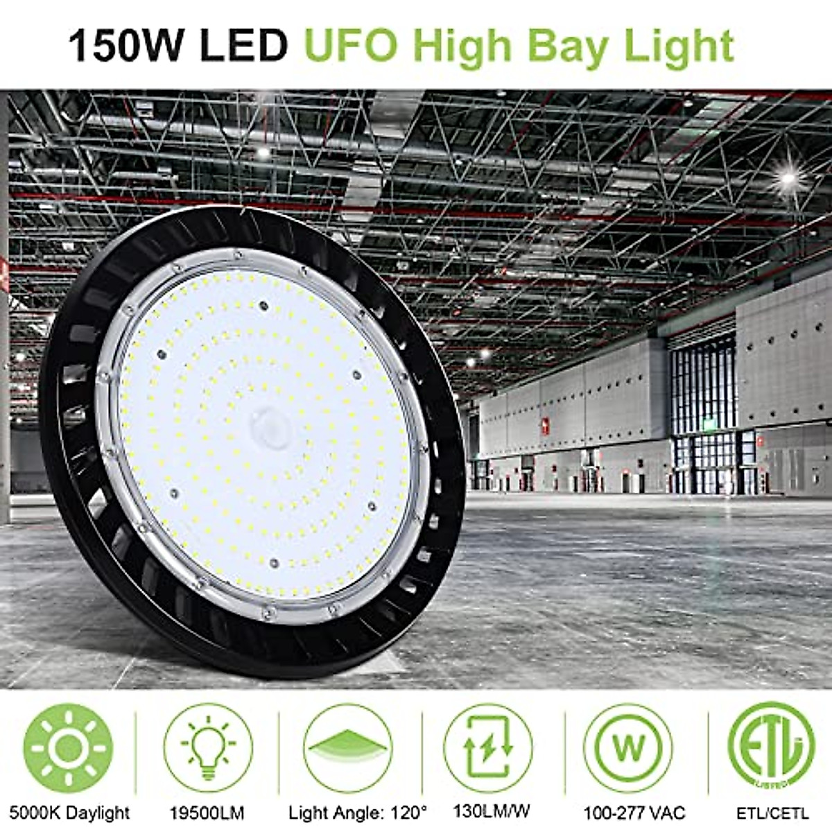 hykolity 2 Pack LED High Bay Light 150W, 5000K UFO LED High Bay Light Fixture with US Plug [250W MH/HPS Equiv.] 100-277V, 19,500lm, IP66 Commercial Warehouse Area Light for Wet Location