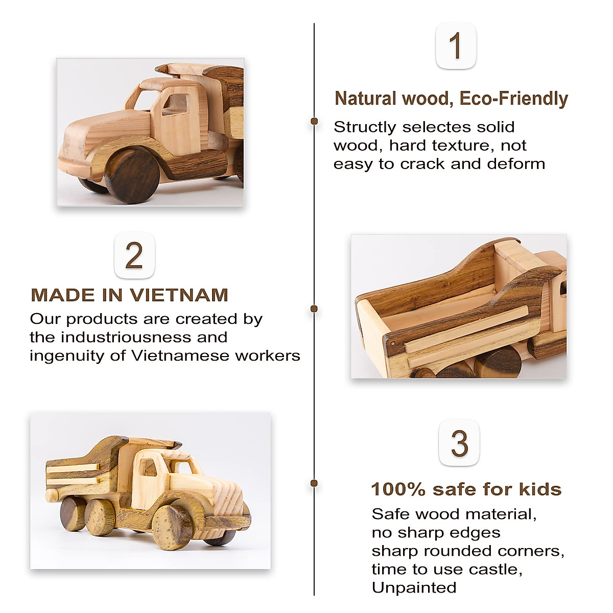 VINNY Wooden Truck Toys Car for Toddlers, Unpainted, Safe to Play, Handmade in Vietnam (Truck)