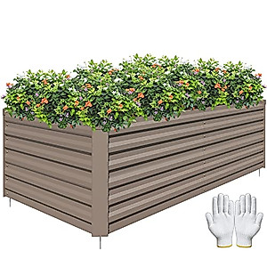 Galvanized Raised Garden Bed Kit For Outdoor , Vegetables , Flowers , Herbs , Steel Large Deep Root Tall Planter Box with 1Pc Gloves and Metal Fix Stake , Brown 6×3×2FT