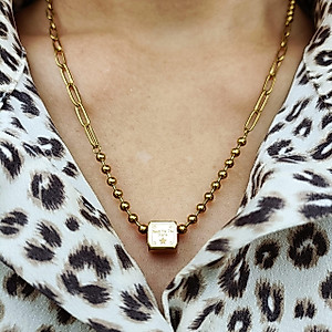 DASIQI Gold Necklace Stainless Steel Square Dice Beads Splicing Chains Fashion Jewelry for Women 20 inch