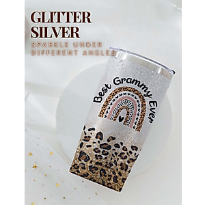 Onebttl Grammy Gifts from Granddaughter, Grandson, Insulated Stainless Steel Wine Tumbler with Lid and Straw, for Grandma on Mother's Day, Birthday, Christmas, Best Grammy Ever, Glitter Silver, 20 oz