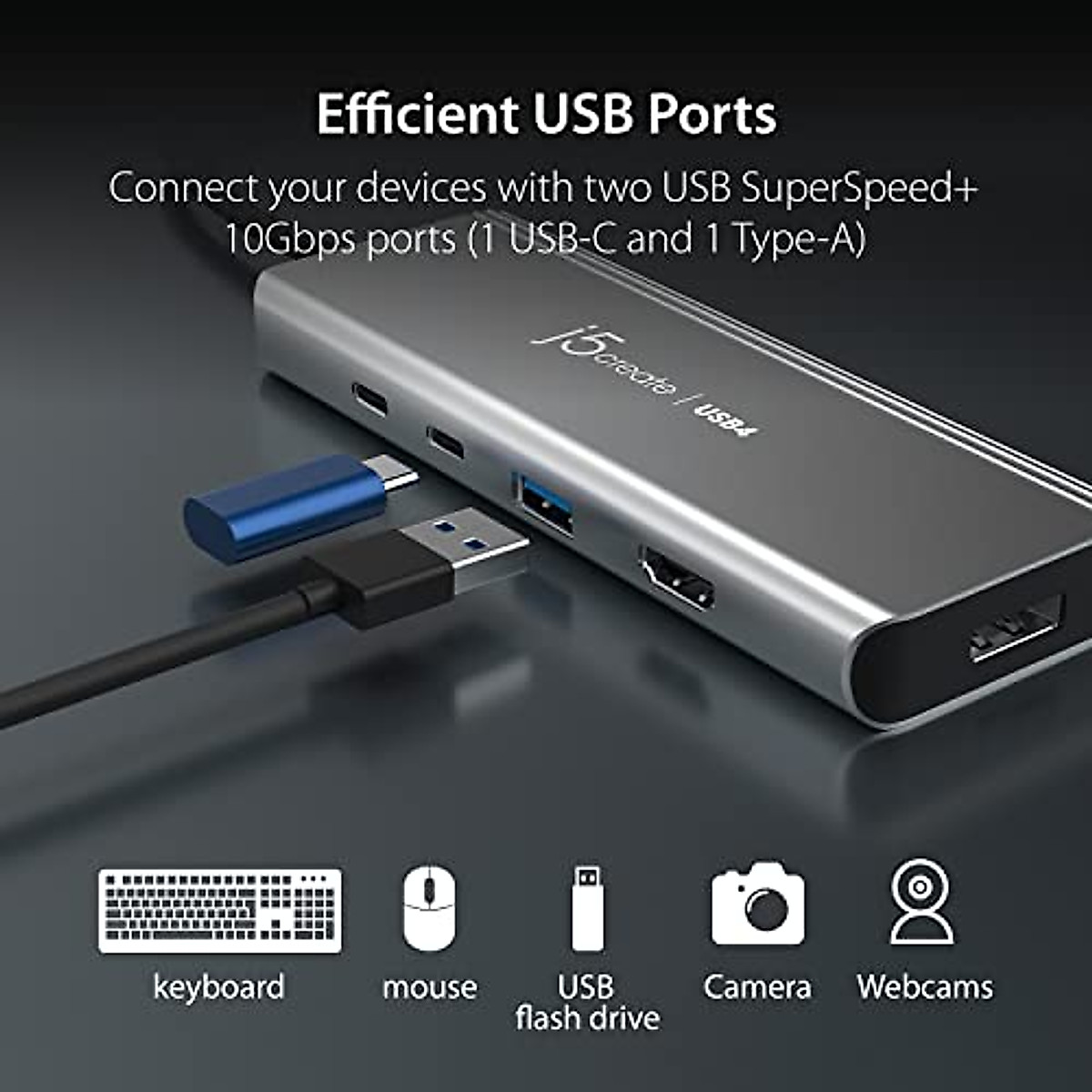 j5create USB4 Dual 4K Multi-Port Hub -5 in 1 USB4 Hub with PD 85W, Dual 4K Display, DisplayPort 1.4, USB-A, USB-C Ports | for Macbooks, Windows Laptops, Thunderbolt 3/4, and USB4 Devices (JCD401)