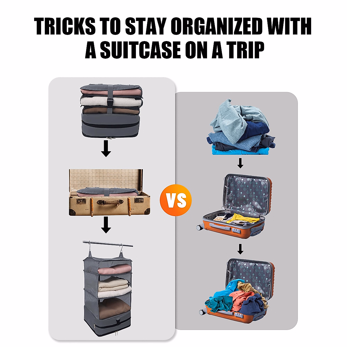 Lilyfantasy Portable Hanging Travel Shelves Bag, Travel Packing Cube Organizer, Large Capacity Carry-On Closet, Foldable Suitcase Storage with 4 Compartments (Grey)