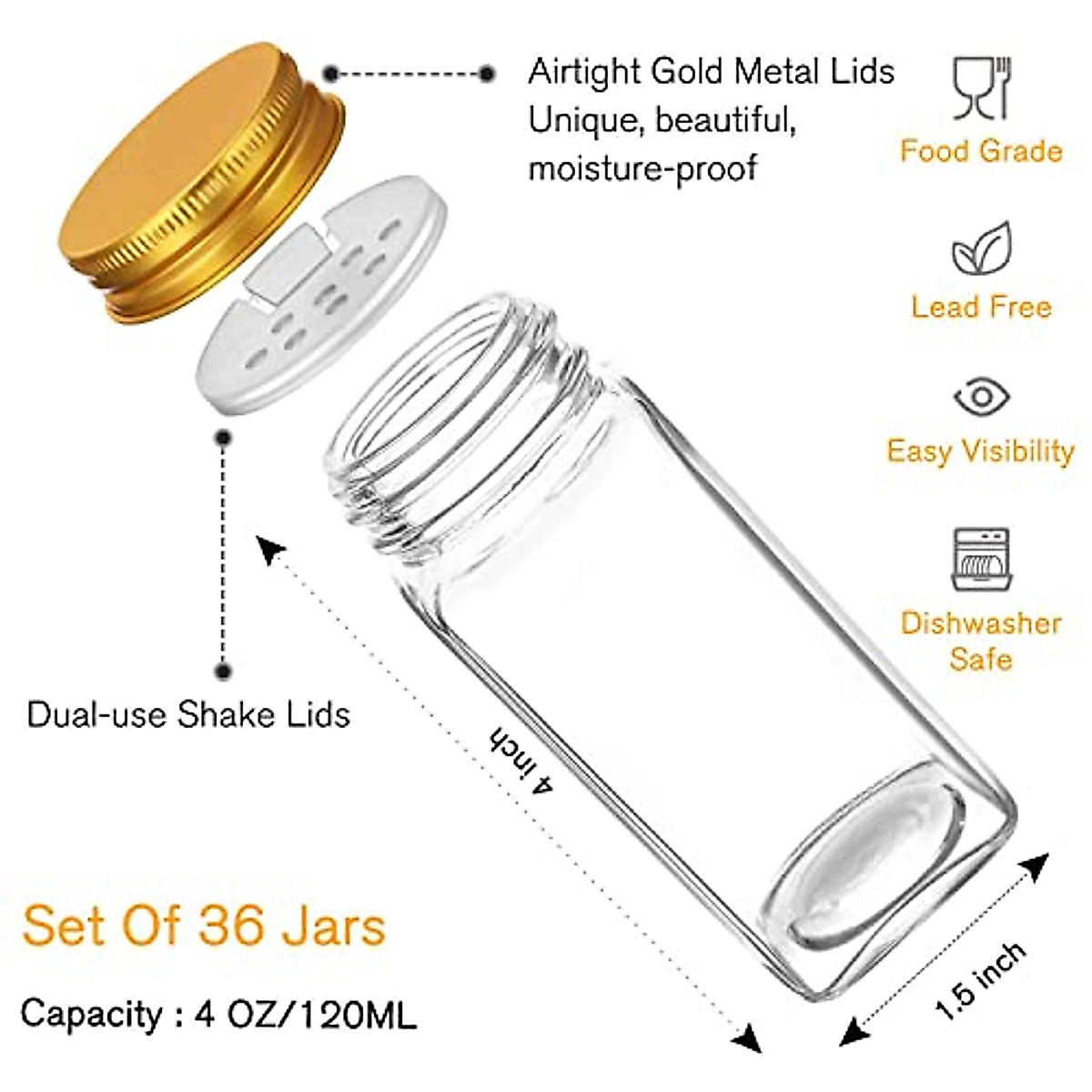 36 Pack Spice Jars with Label, 4 Oz Glass Clear Seasoning Jars, Square Spice Bottles with Shaker Lids and Airtight Metal Caps, Chalk Marker and Collapsible Funnel