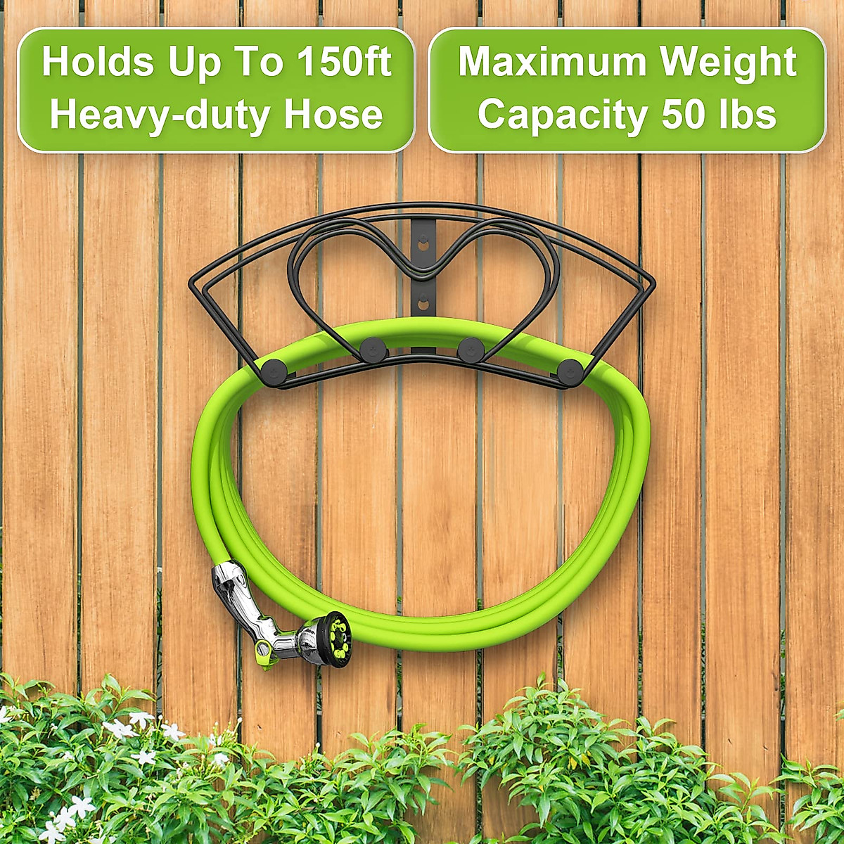 VyGrow Hose Holder Wall Mount, Heavy Duty Garden Hose Holder, Solid Metal Hose Hanger Holds Up to 150ft, Decorative Water Hose Holder for Outside Yard, Garden Hose Storage Hose Reel, Black