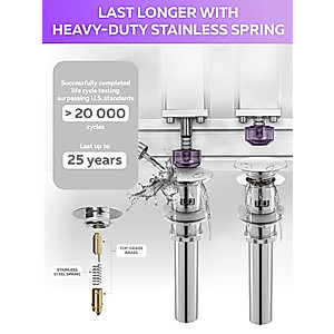 Premium Pop Up Drain with Overflow 1.6"- 1.9" Universal Bathroom Drain Kit - Chrome Bathroom Sink Drain with Overflow All Metal Rustproof Brass and 304 Stainless Steel - Push Button Sink Drain