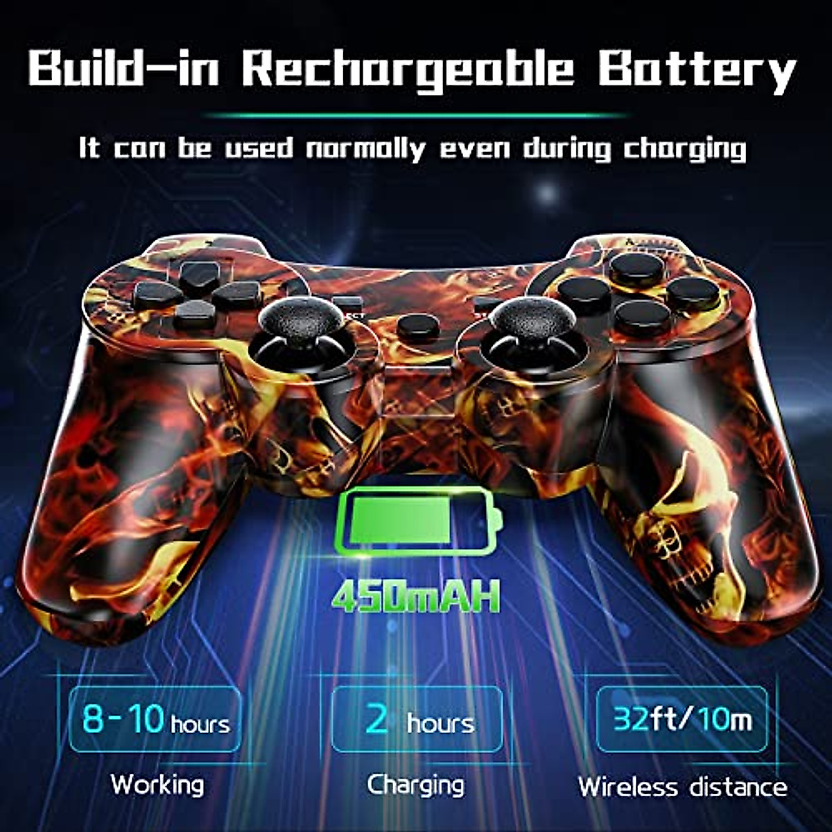 ISHAKO Wireless Controller 2 pack for PS3, Upgraded Joystick Controller for PS3 High Performance Double Shock, Touch Pad, Audio Function compatible with Playstation 3 / Pro/Slim/PC(Flame+Black Skull)