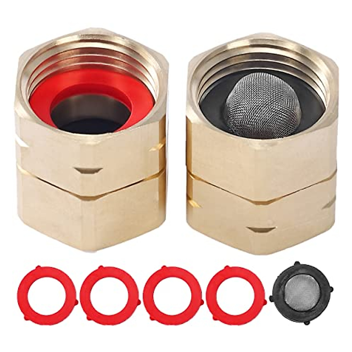 JOEJET Female to Female Hose Adapter with Swivel-3/4 Inch Brass Garden Hose Adapter for Pressure Washer to Garden Hose-2 Pack Garden Hose Fittings-with 4 Extra Washers and 1 Filter