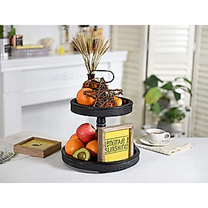 Funly mee Distressed Rustic Black Wood Two-Tier Tray with Metal Handle,Decorative Organizer for Kitchen Counter Top, Dining Room Table(Black)