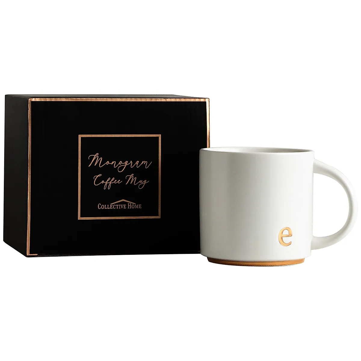 COLLECTIVE HOME - Monogram Ceramic Mugs, 15 oz Golden Initial Coffee Cups, Elegant Alphabet Tea Mugs, Elegant Personalized Mug with Gift Box, Luxurious Cups for Office and Home (e)