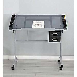 HomSof Adjustable Drafting Printing Table with Chair, Grey