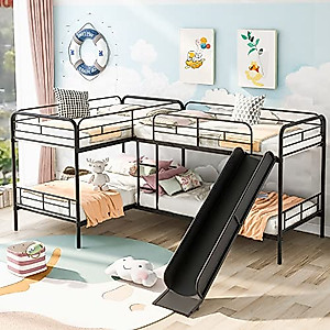 GLORHOME bed2 Twin Size Bunk Beds with Slide, L-Shaped Metal Triple Bunkbed Frame Corner Bedframe w/Full-Length Guardrail for 4 People,Space Saving Bedroom Furniture, Black