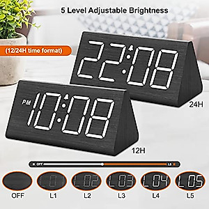 DreamSky Wooden Digital Alarm Clocks for Bedrooms - Electric Desk Clock with Large Numbers, USB Port, Battery Backup Alarm, Adjustable Volume, Dimmer, Snooze, DST, 12/24H, Wood Décor (Black)