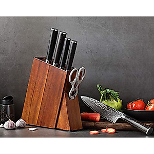 XINZUO 7PC Damascus Steel Kitchen Knife Set with Acacia Wood Block,Multifunctional Kitchen Scissors,Professional Sharp Chef Knife Forged Vegetable Knife with Pakkawood Handle- He Series