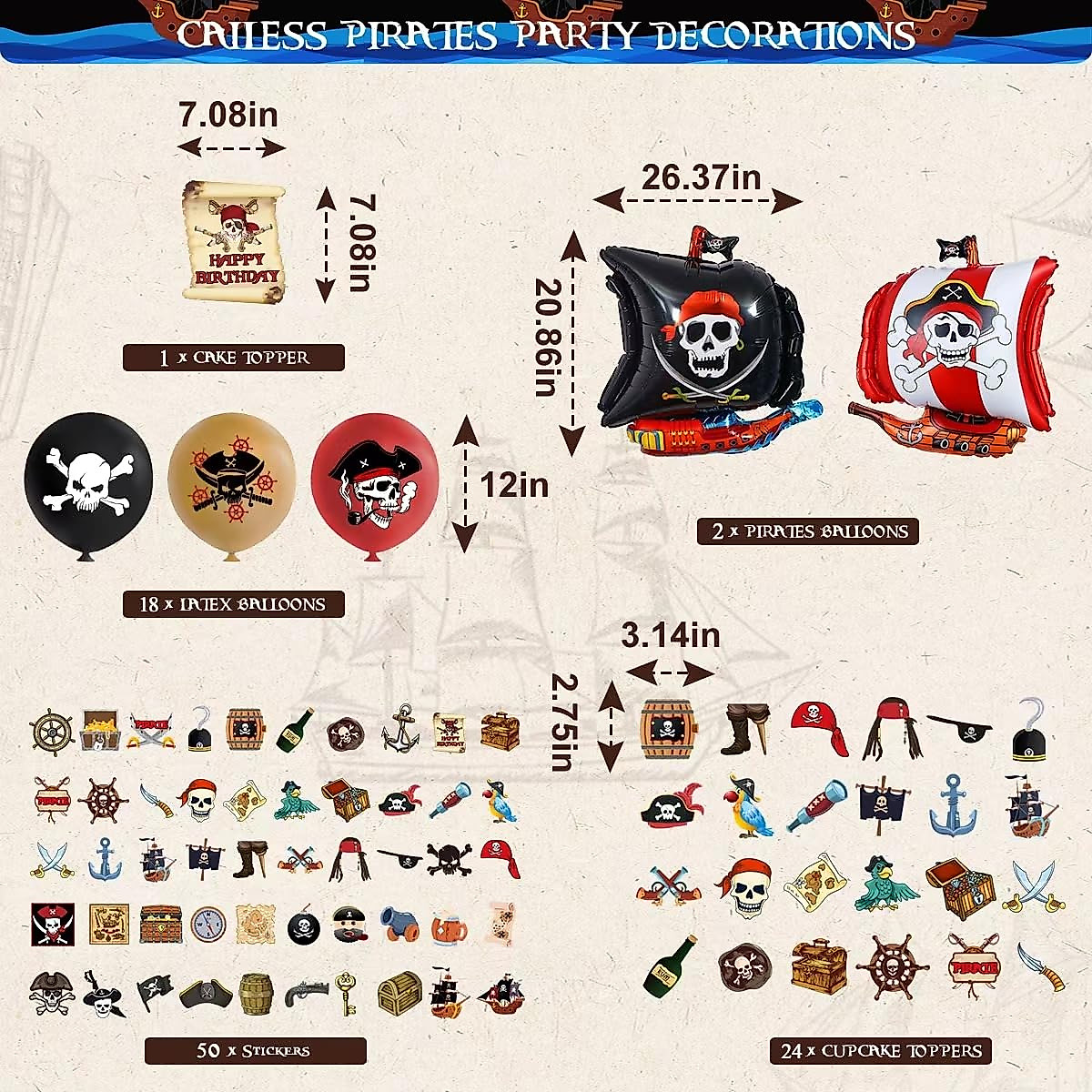 CAILESS Birthday Party Decorations - Pirates Birthday Party Decorations 103Pcs, Included Pirates Theme Banner Cake Toppers 12'' Latex Balloons Swirls Decor Pirates Foil Balloons for Pirates Party