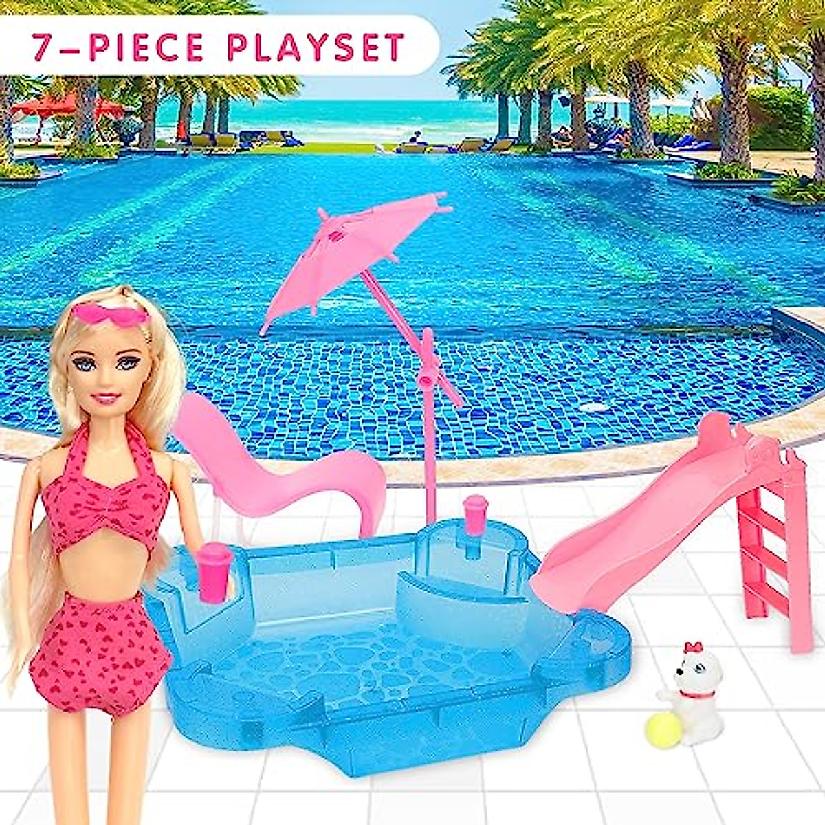 Yellow River Glam Doll Pool, 12" Summer Beach Bath Suit Doll Playset, with Slide, Umbrella and Chair. Gift for Girls Age 3 4 5 6 7 for Christmas (Doll Include)