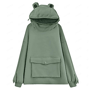 Women's/Girl's Cute Frog Hoodie Pullover Zipper Mouth Hooded Sweatshirt with Large Front Pocket Dark Green Large