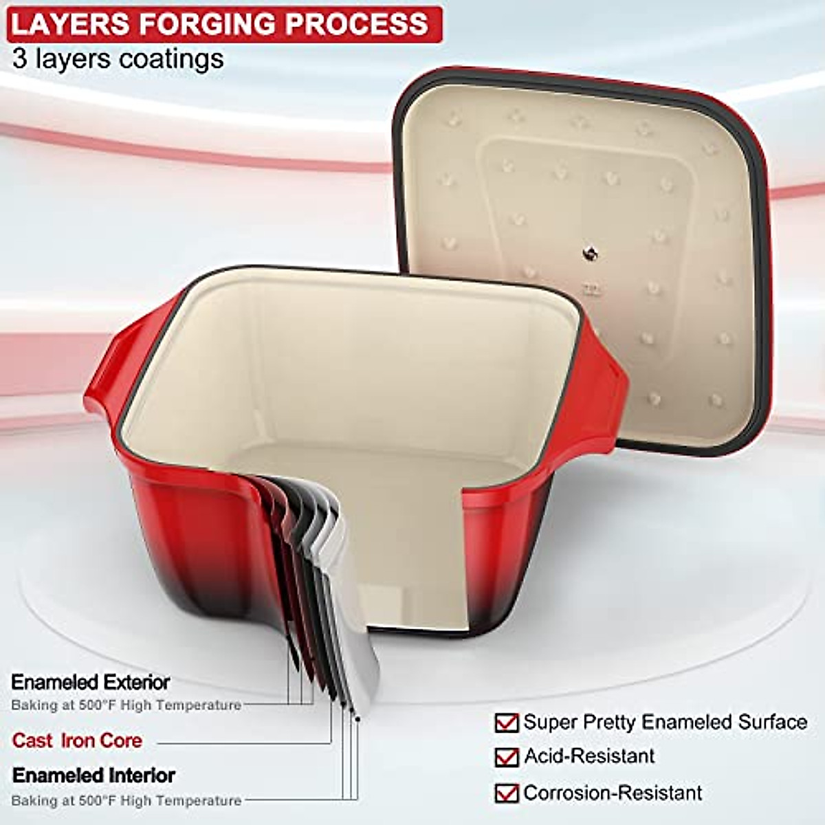 Dutch Oven, imarku 3.5 Quart Enameled Cast Iron Dutch Oven Pot with Lid for Braising, Broiling, Frying, Bread Baking, Roast Turkey, Oven Safe Up To 550°F, Enamel Coating, Nonstick Easy to Clean (3.5QT, RED)