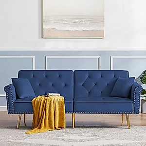 HUAYICUN Loveseat Convertible Sleeper Sofa, Modern Velvet Futon Sofa with 2 Pillows, Modern Armchair Accents Couch Metal Legs Lounge Chairs for Living Room