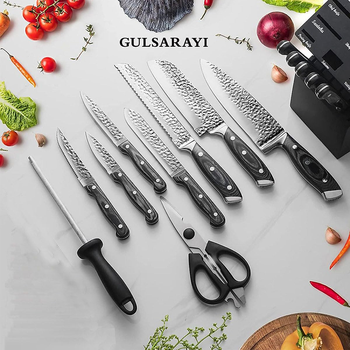 16-Piece Kitchen Knife Set,Ergonomic Wood Handle for Chef Knife Set,Knife Block Set for Chopping,Bread Knife,Santoku Knife,Knife Sharpening And Paring Knife & More,Unique Hammered Design