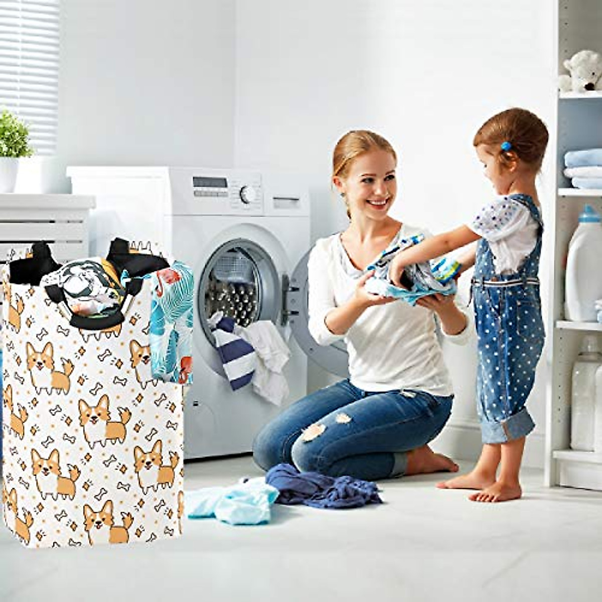 visesunny Collapsible Laundry Basket Corgi Dog with Bone Cartoon Animal Large Laundry Hamper with Handle Toys and Clothing Organization for Bathroom, Bedroom, Home, Dorm, Travel