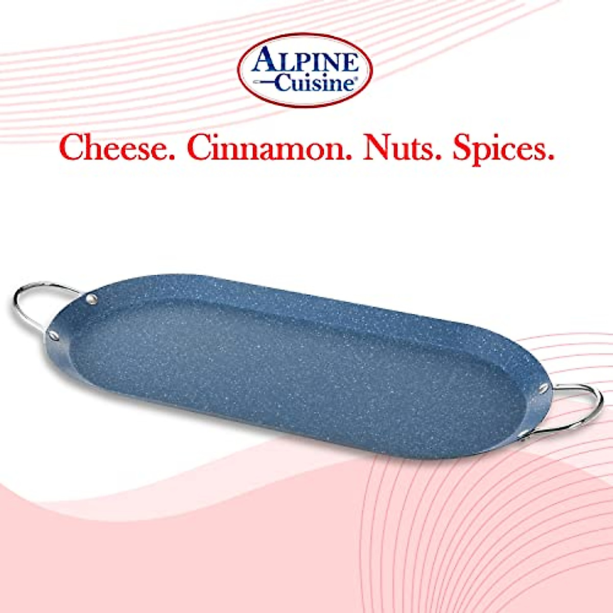 Alpine Cuisine Oval Comal Griddle 17.5x8in Nonstick Coating Blue with Durable Double Handle - Durable, Heavy Duty Comal for Cooking - Even-Heating